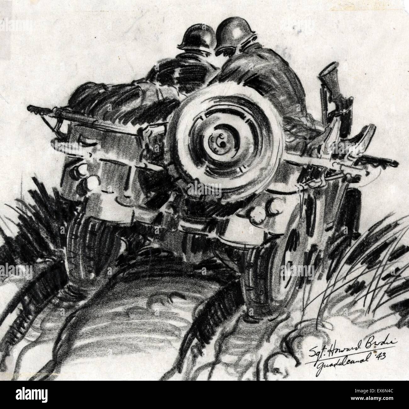 Graphite drawing depicting two privates driving down a JEEP Trail from ...
