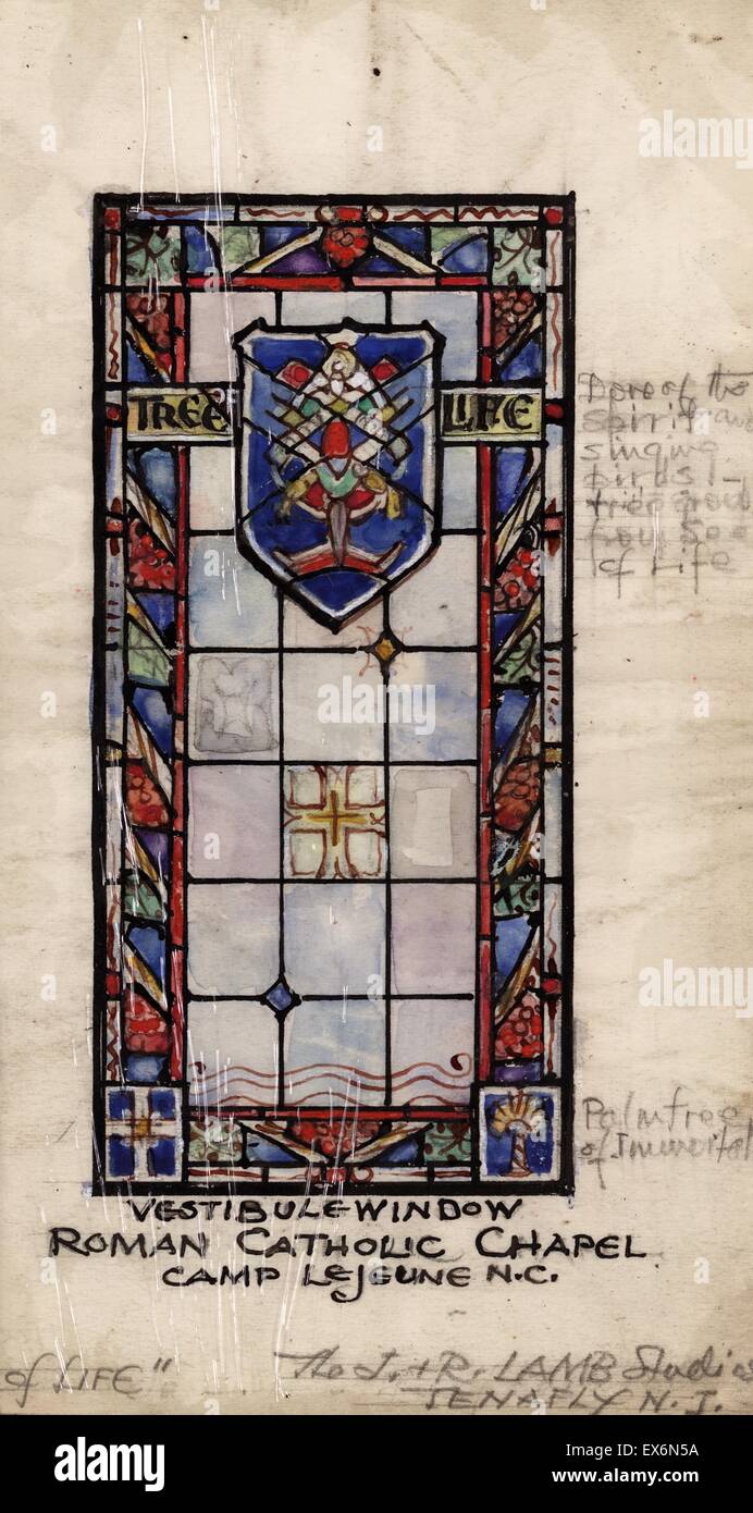 Drawing for a stained glass vestibule window depicting the Tree of Life ...