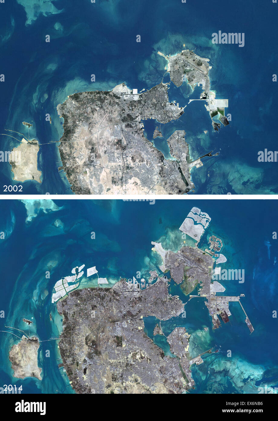 Satellite view of Manama, Bahrain in 2002 and 2014. This before and ...