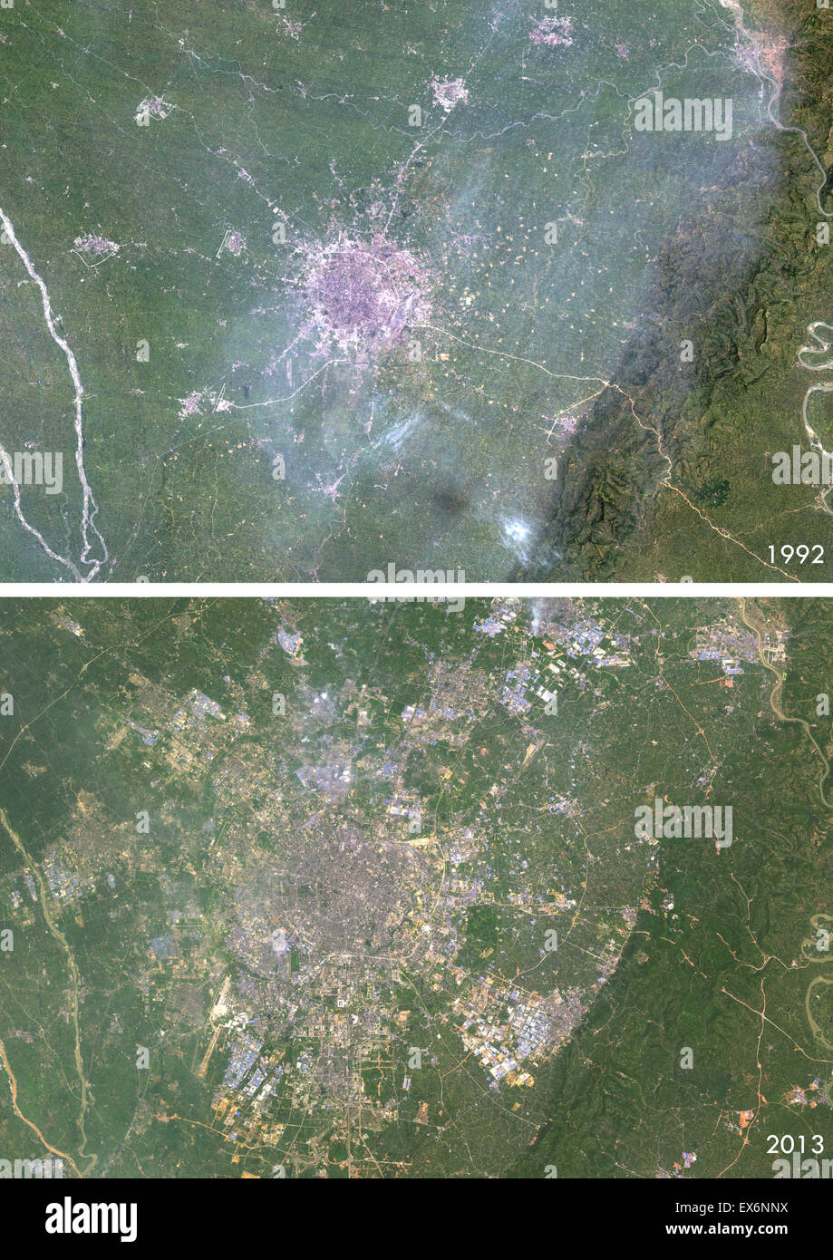Satellite view of Chengdu, China in 1992 and 2013. This before and ...