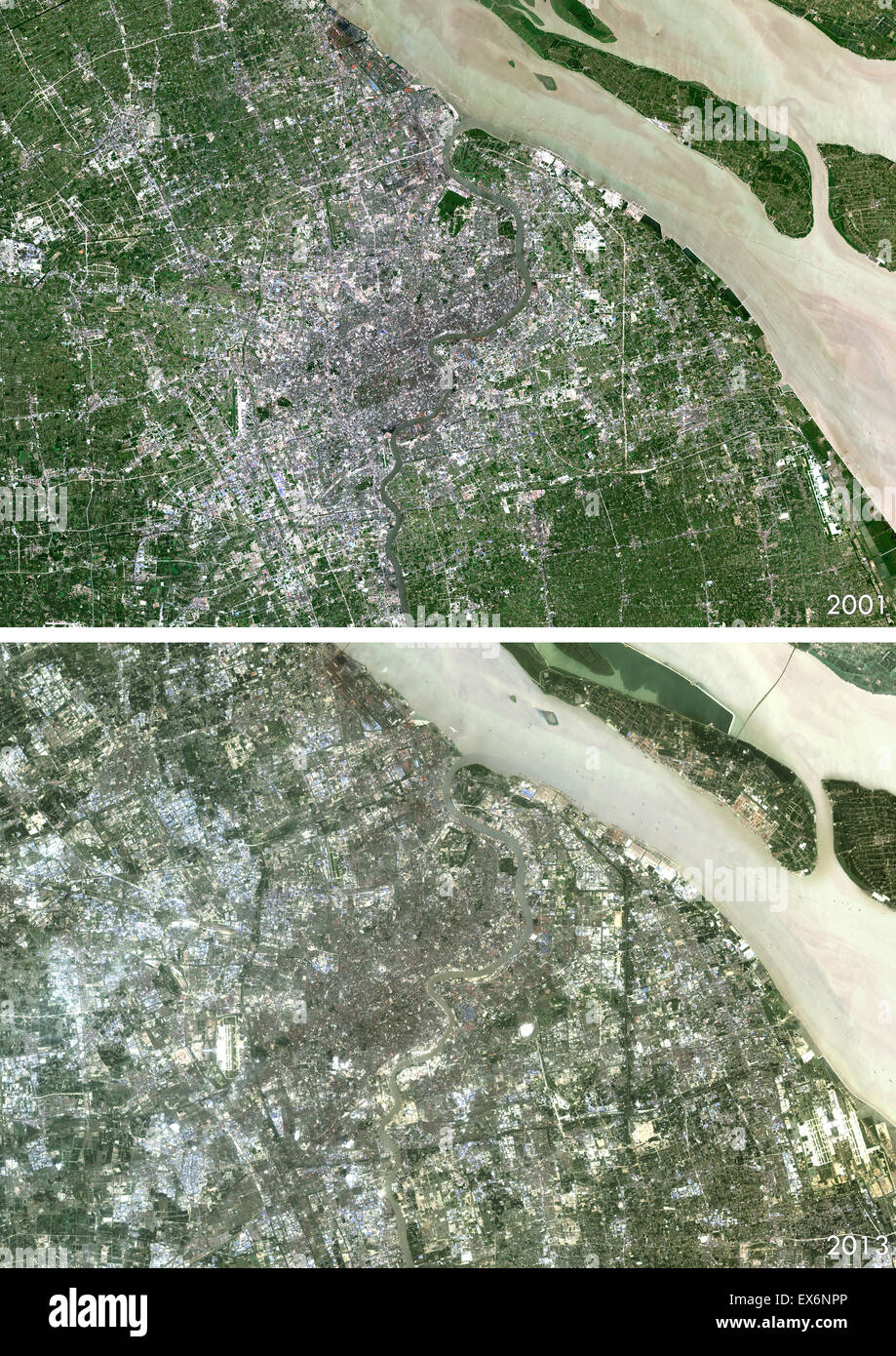 Satellite view of Shanghai, China in 2001 and 2013. This before and ...