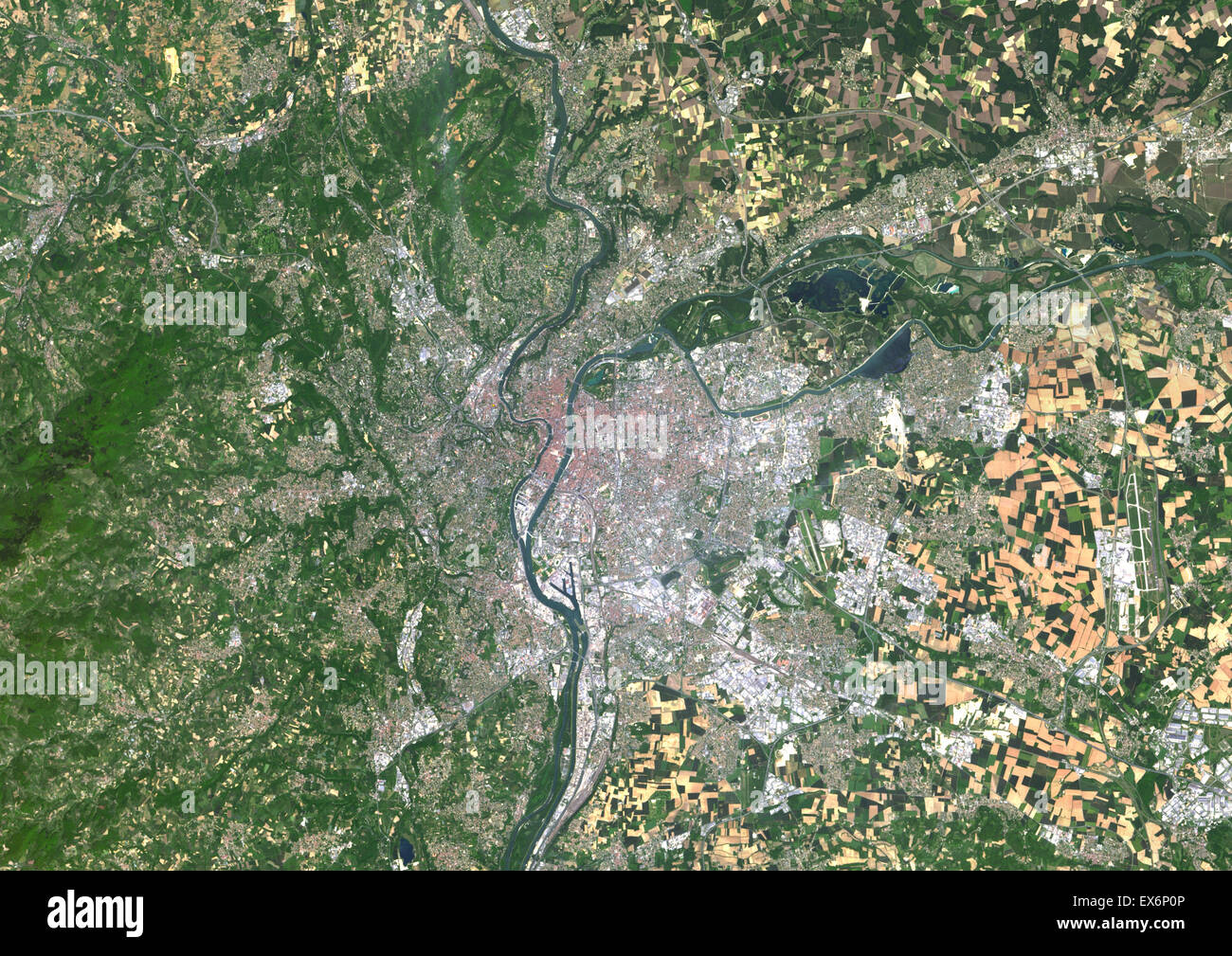 Colour satellite image of Lyon, France. Image taken on May 5, 2014 with ...