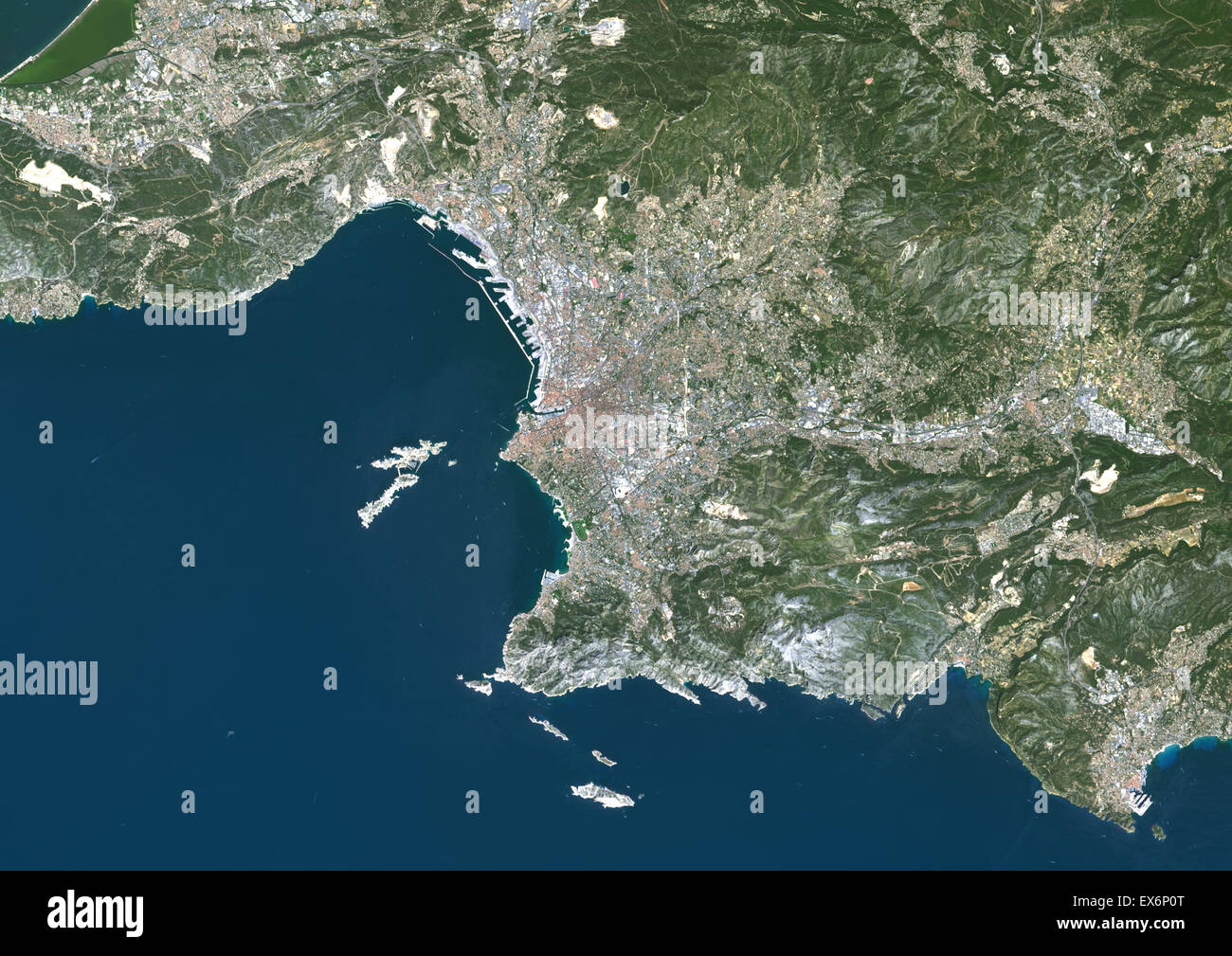Colour satellite image of Marseille, France. Image taken on August 18 ...