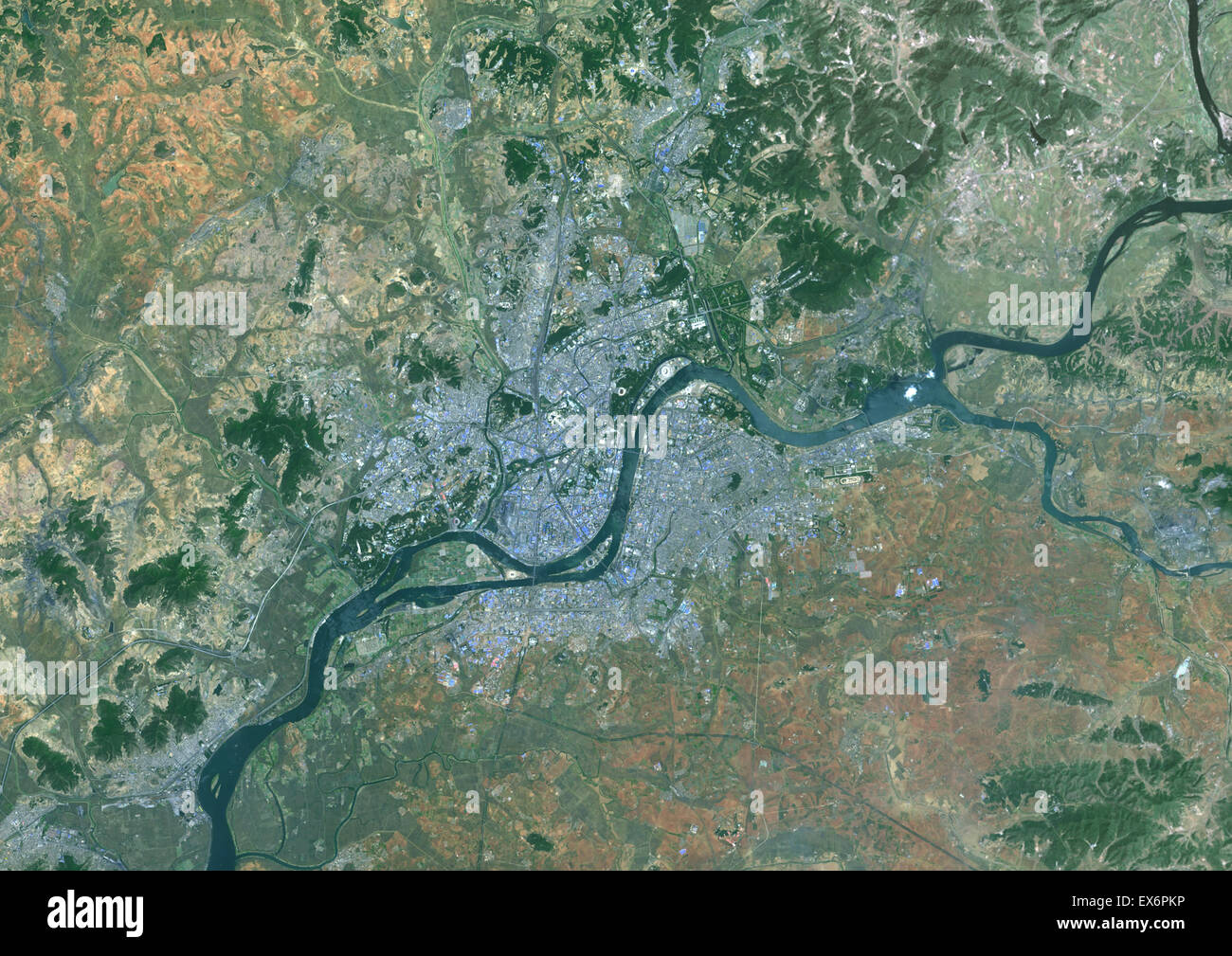 Colour satellite image of Pyongyang, North Korea. Image taken on June 6 ...