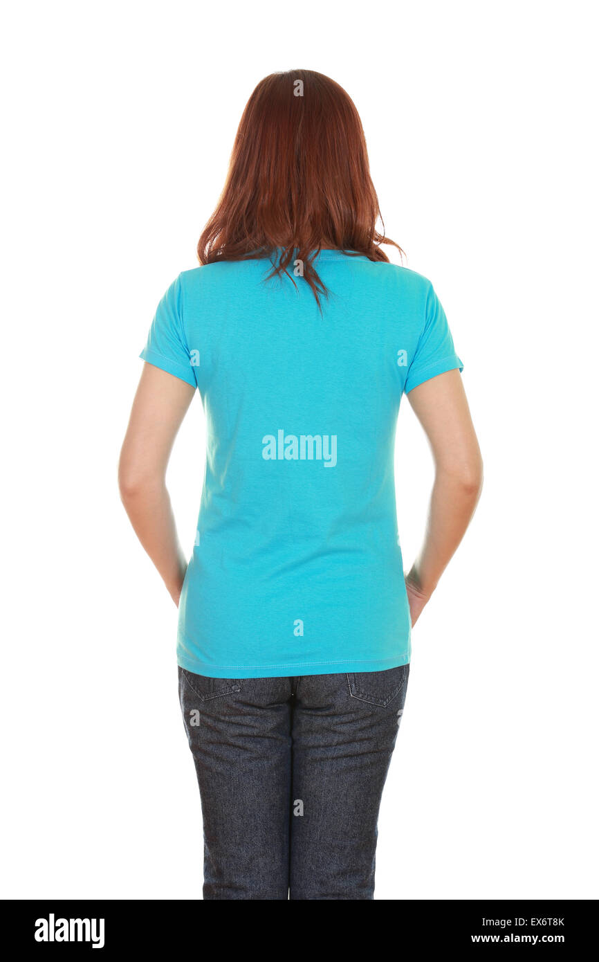 female with blank t-shirt (back side) isolated on white background ...