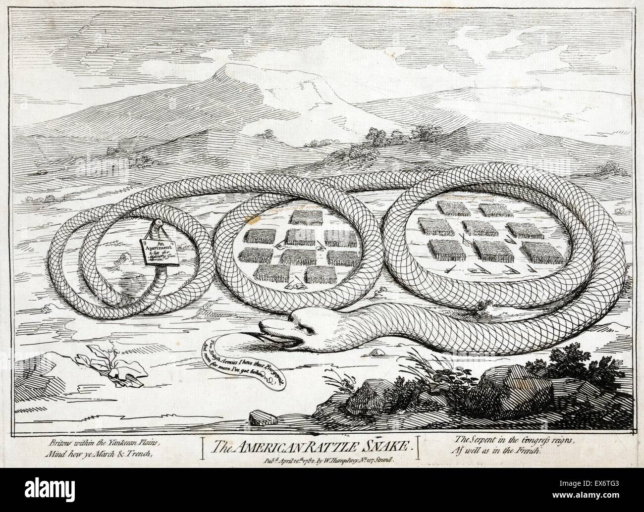 The American rattle snake'. Cartoon shows 'American' snake, the emblem ...