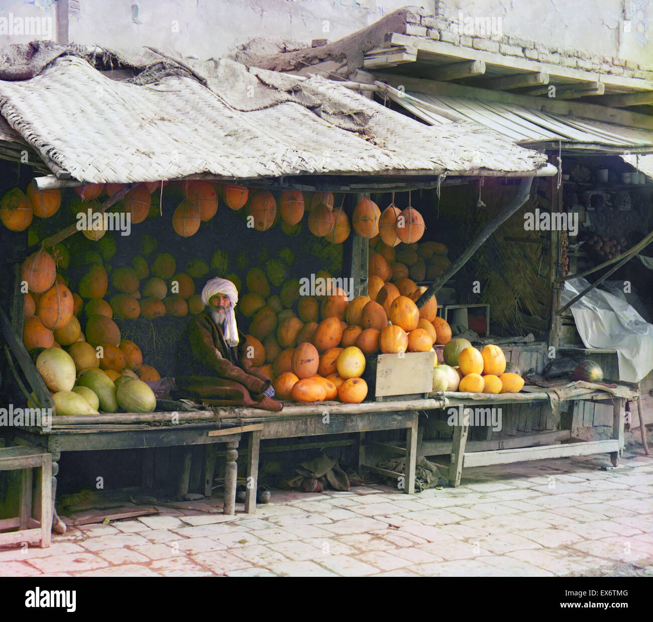 Melon seller in a fruit market; Samarkand in Uzbekistan 1910. By Sergey ...