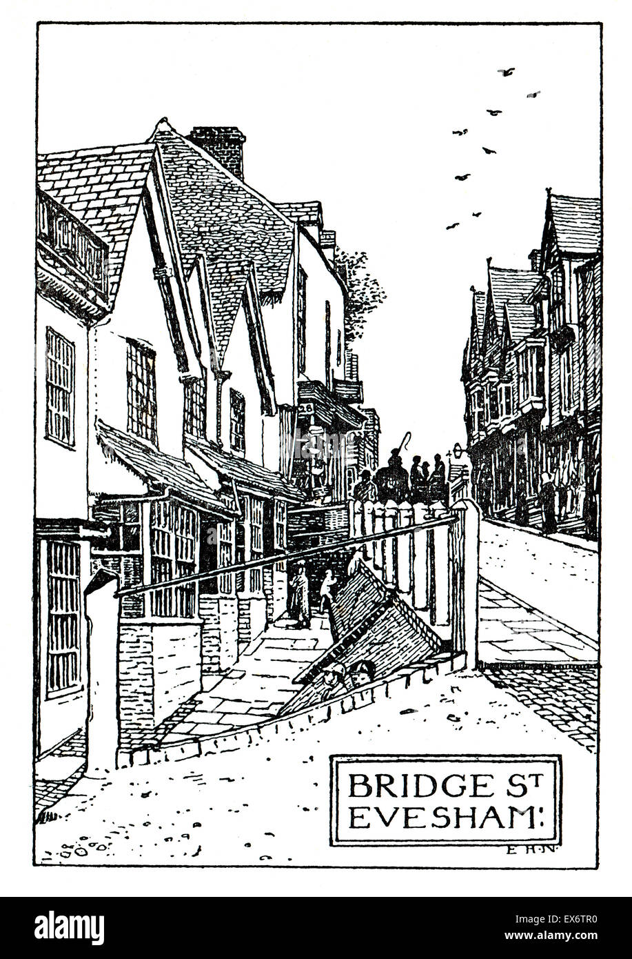 Bridge Street Evesham, late Victorian drawing by illustrator Edmund ...