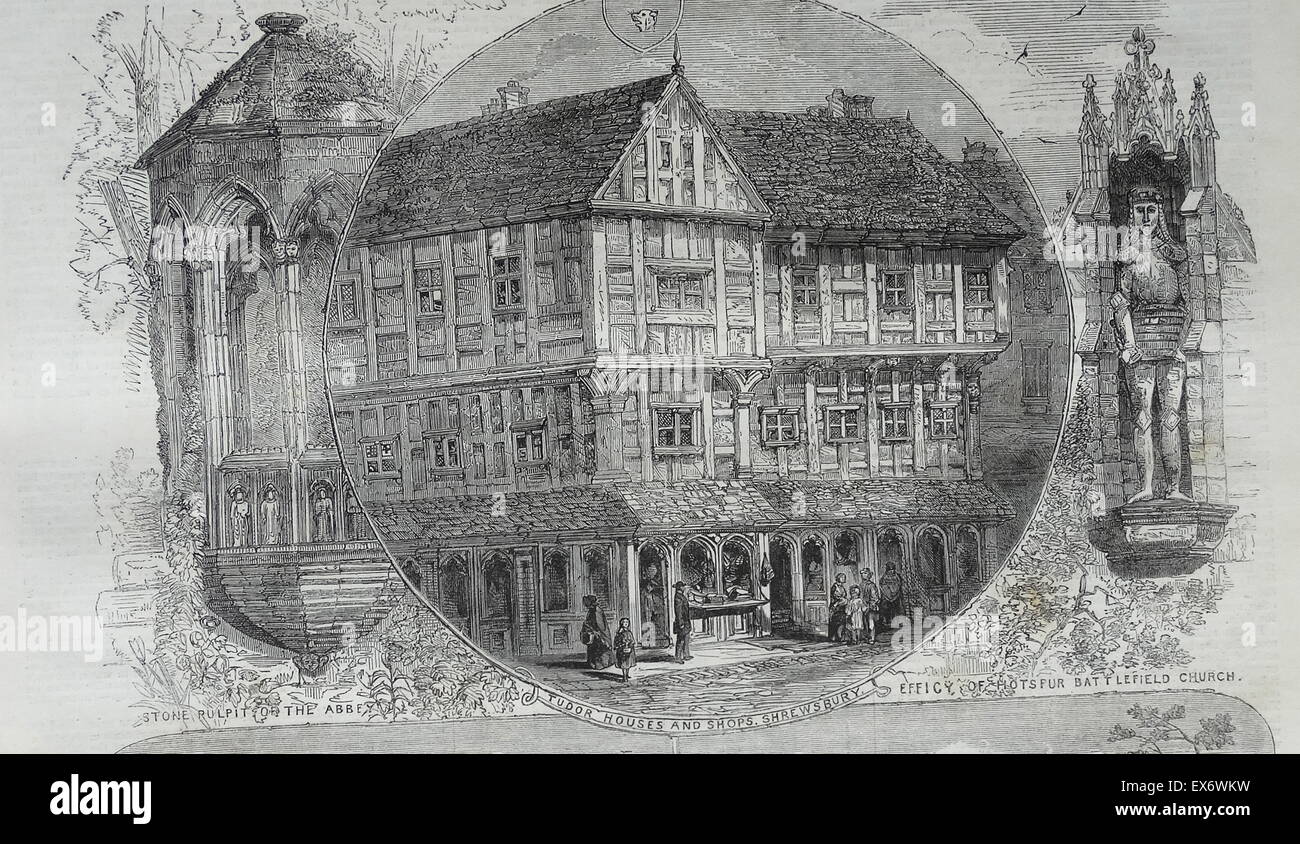 Tudor style buildings and shops in Shrewsbury; England 1860 Stock Photo ...