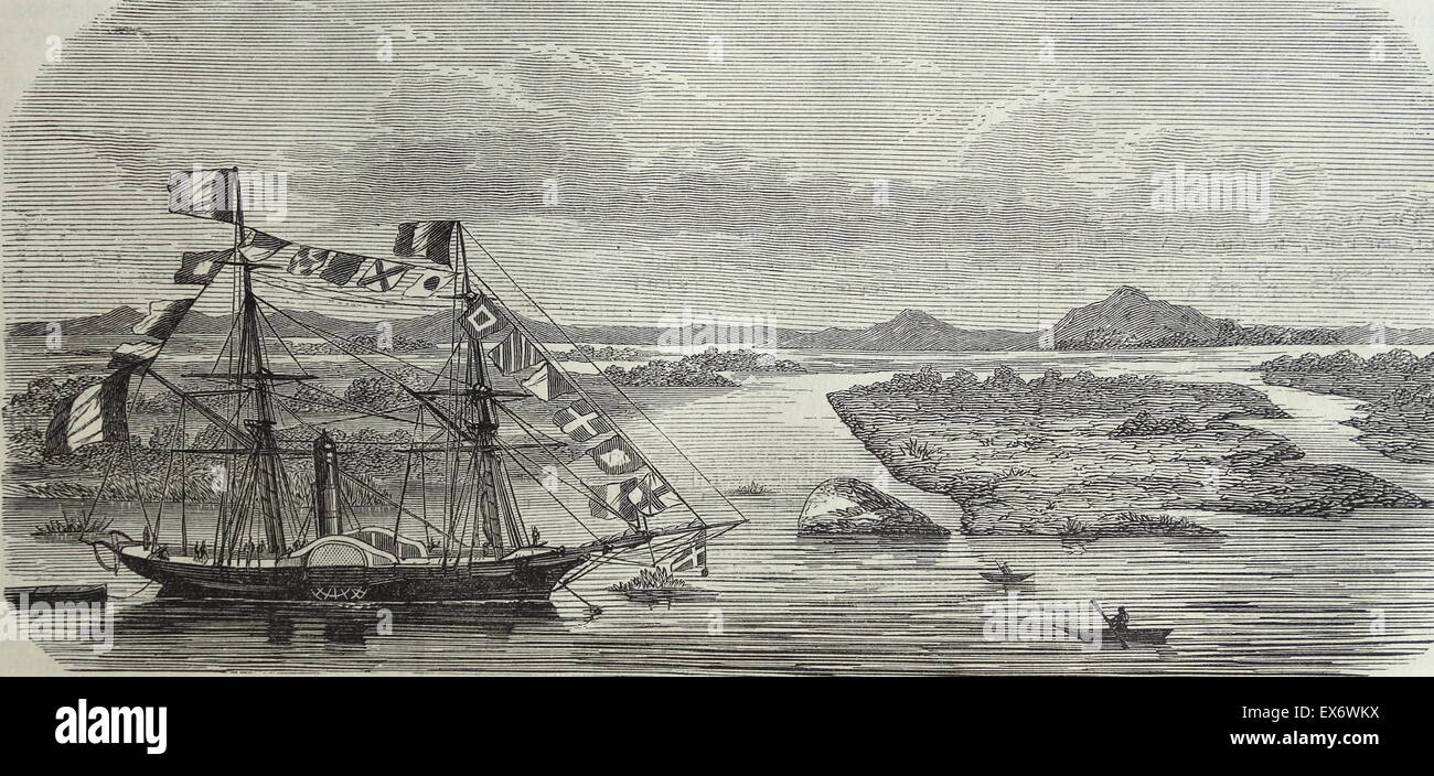 French steam ship le flambart arrives in Paraguay, south America 1860 ...