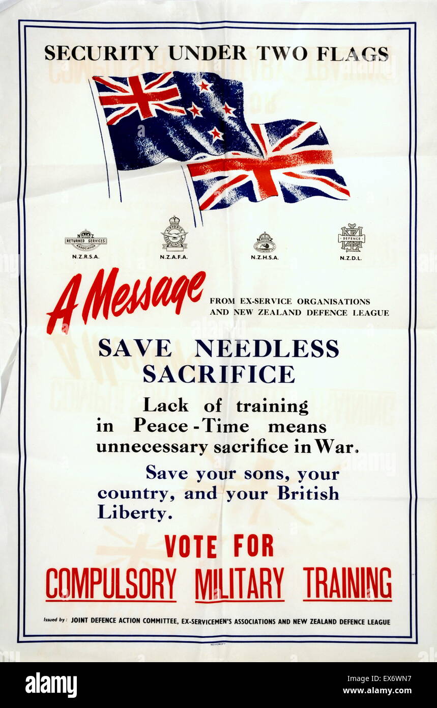 Poster advocating the New Zealand Compulsory Military Training Act was ...