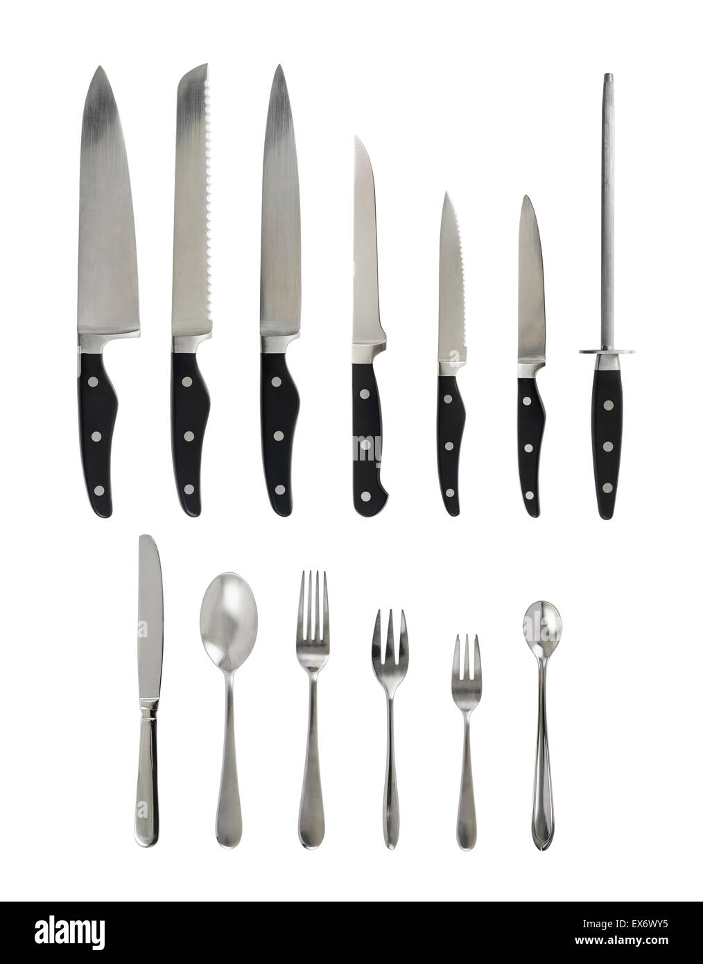 Steel kitchen knife and cutlery set Stock Photo - Alamy