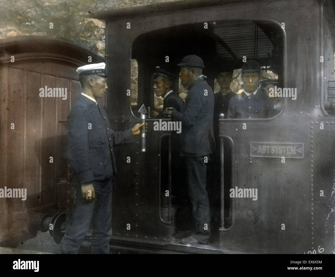 Five Japanese men on railroad locomotive, 1895 Stock Photo - Alamy