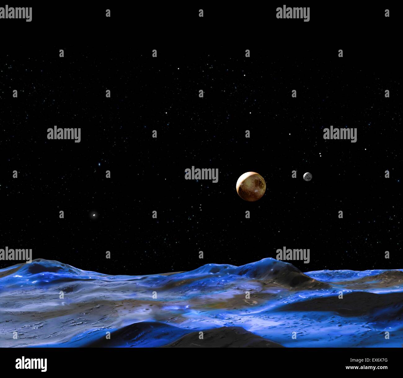 2015 artist concept shows Pluto and some of its moons Stock Photo - Alamy