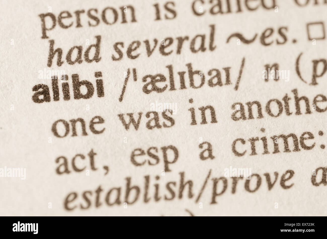 Definition of word alibi in dictionary Stock Photo - Alamy