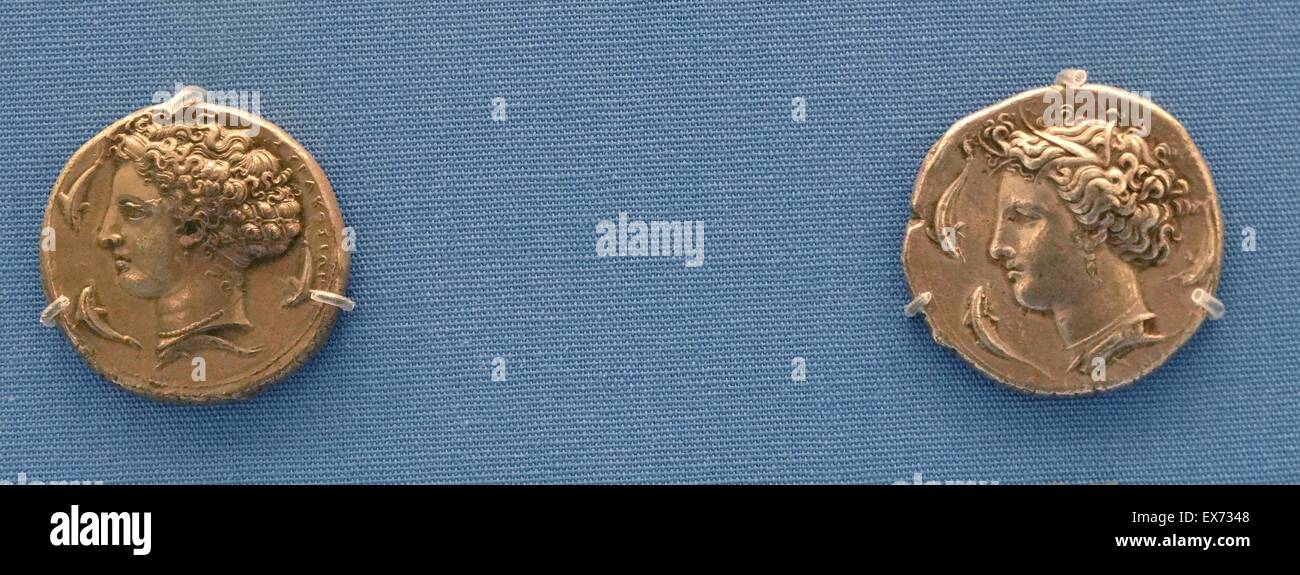 Greek 5th century BC, Silver coins of Syracuse (left) Decadrachm with ...