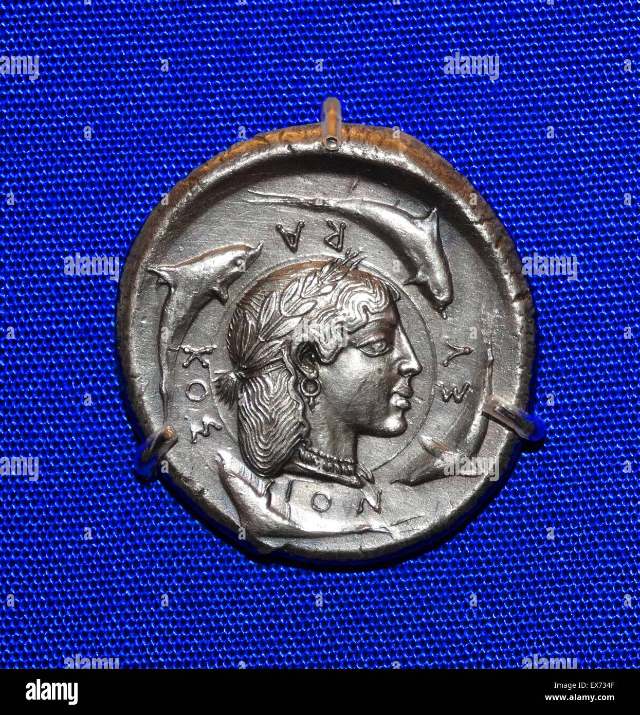 Greek Decadrachm (ten-drachma coin) of Syracuse showing a head of the ...