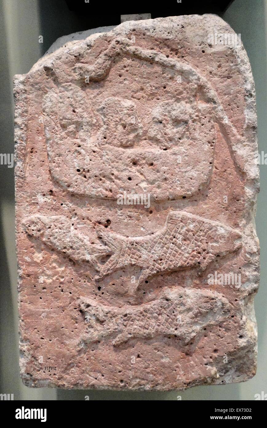 Aramaean, mid-10th century BC relief of a boat with fishermen and fish ...