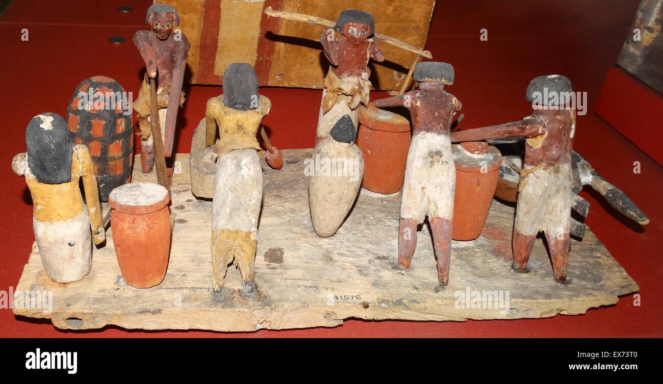 Ancient Egyptian painted wooden model representing baking, brewing and ...