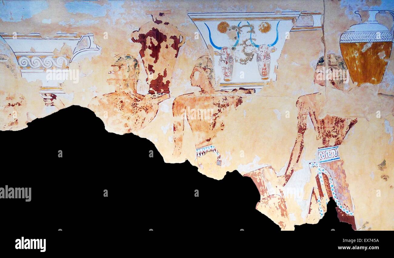 Watercolour of an Egyptian wall-painting from the tomb of Senmut shows ...