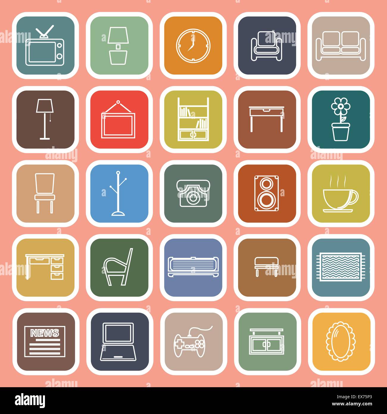 Living room line flat icons on orange background, stock vector Stock ...