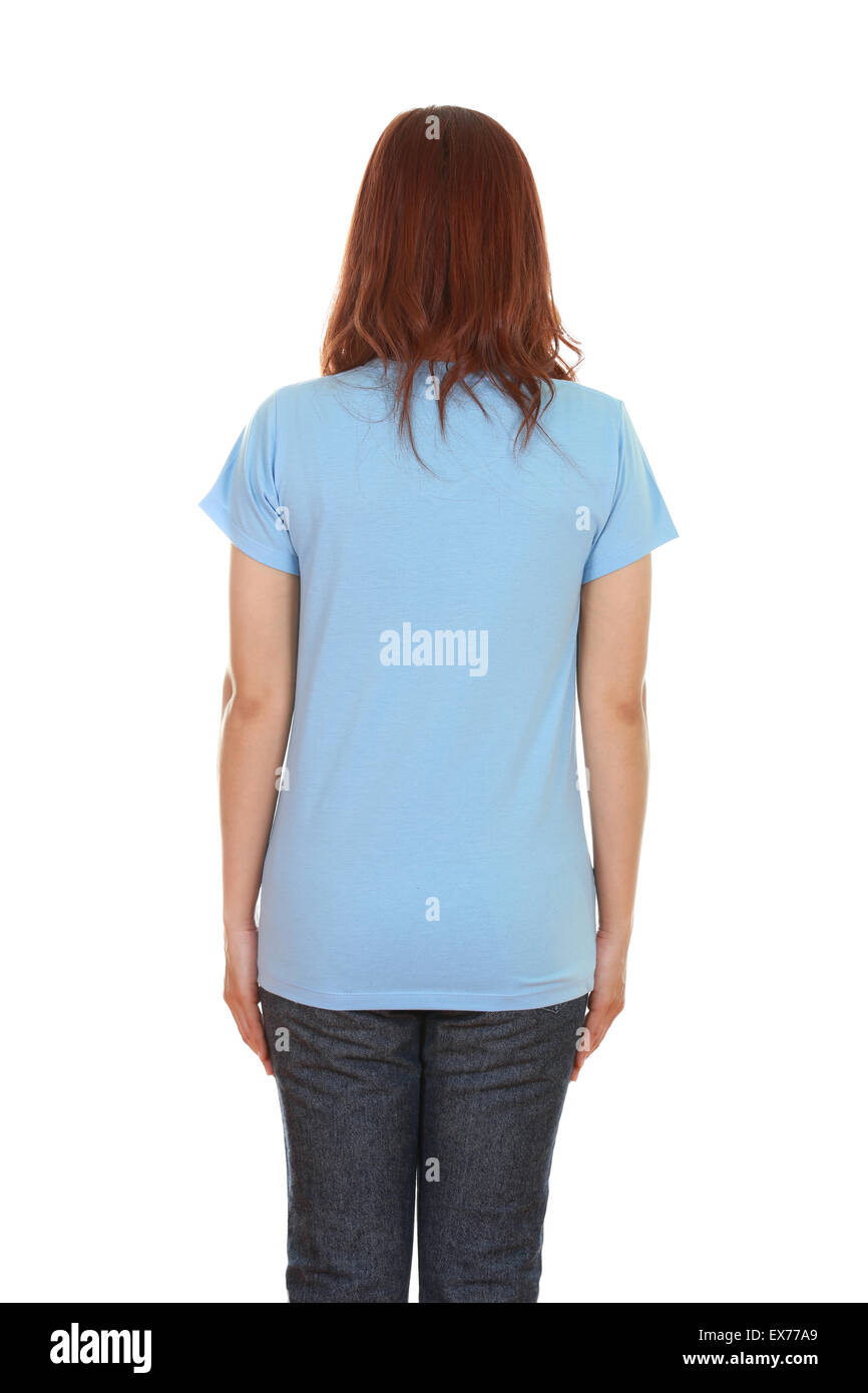 female with blank blue t-shirt (back side) isolated on white background ...