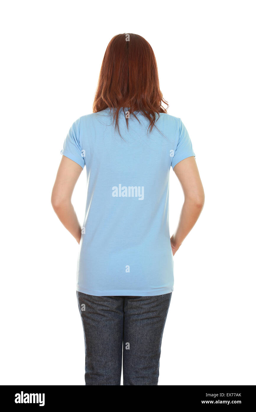 female with blank blue t-shirt (back side) isolated on white background ...
