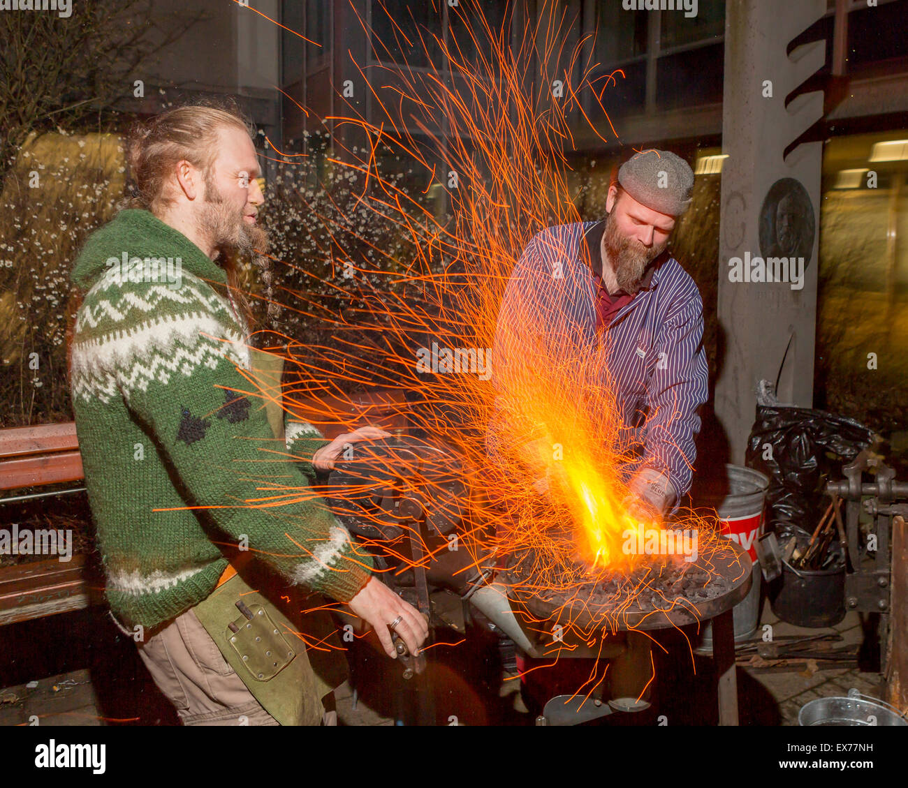 Blacksmith artist creating ironworks, Winter Festival, Reykjavik ...