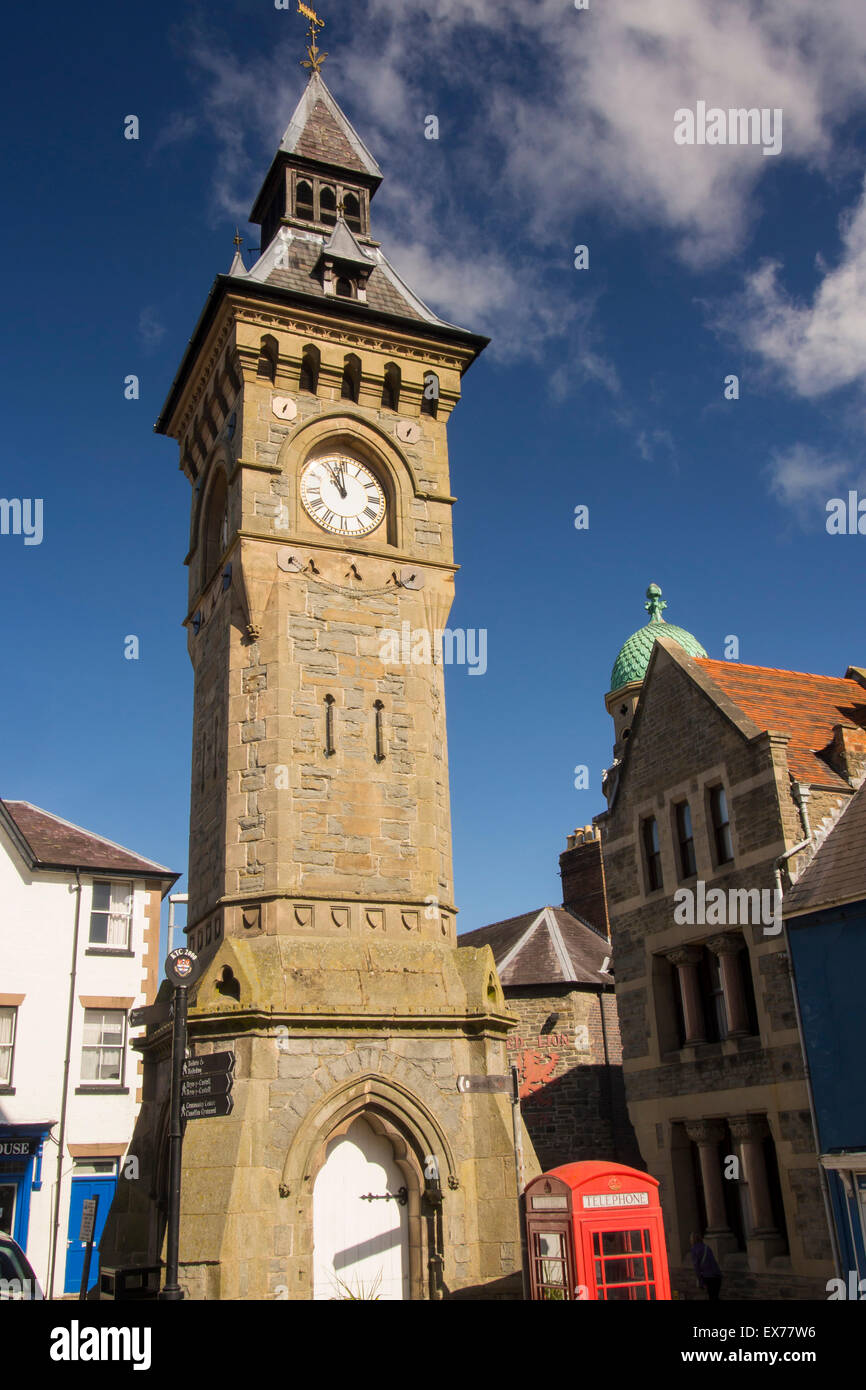 Knighton town centre with a clock tower in Powys, Wales, UK Stock Photo ...