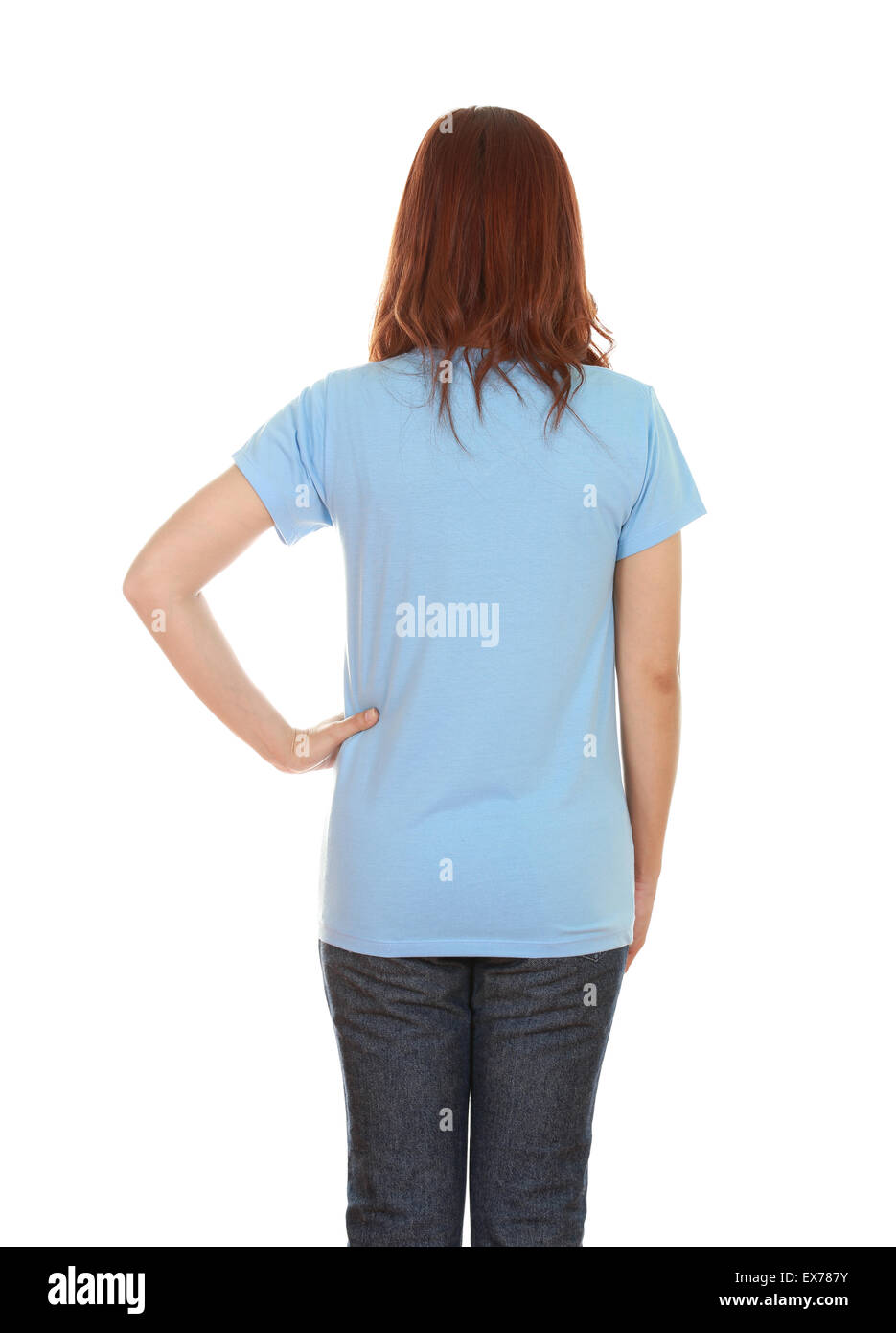 female with blank blue t-shirt (back side) isolated on white background ...