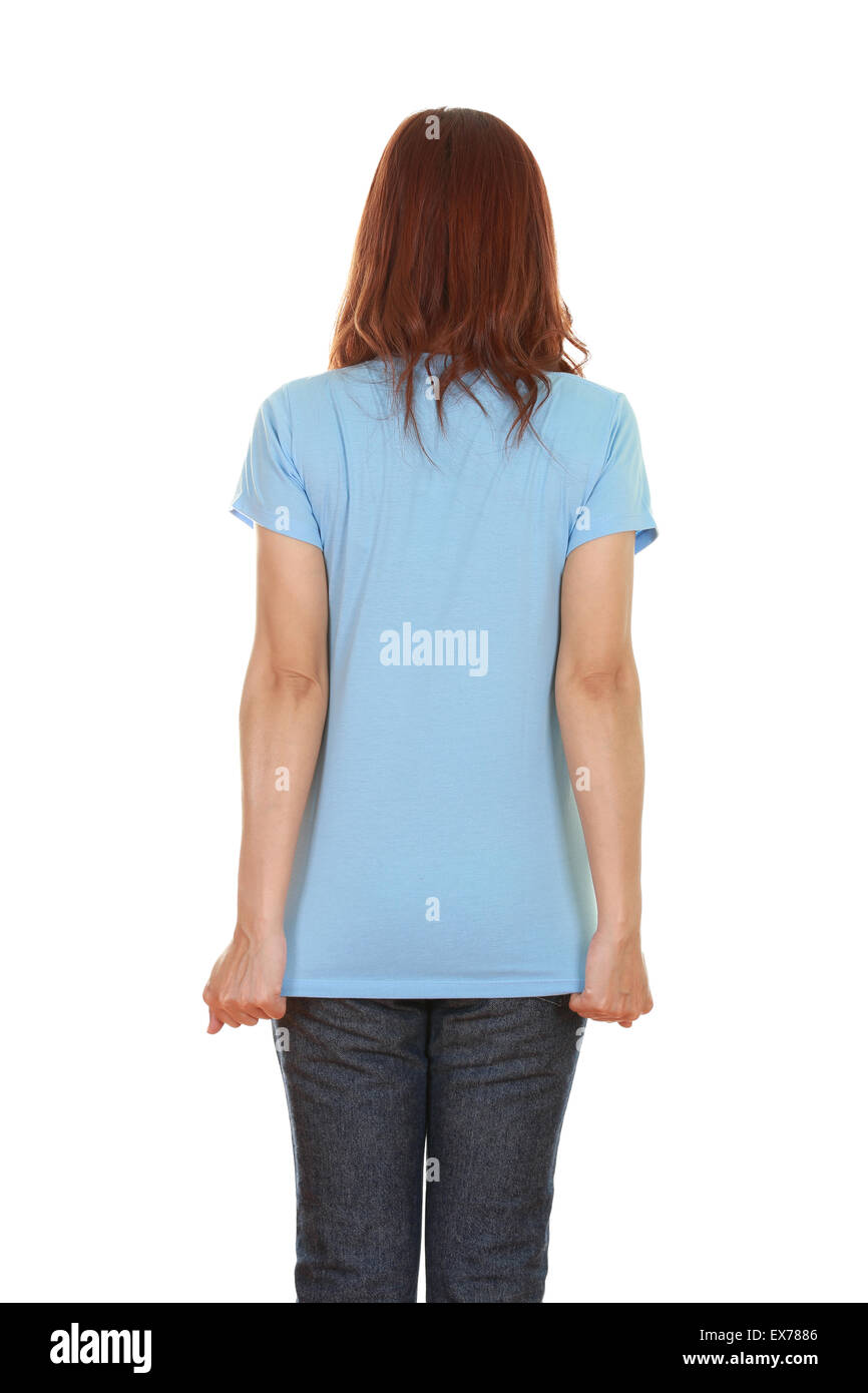 female with blank blue t-shirt (back side) isolated on white background ...