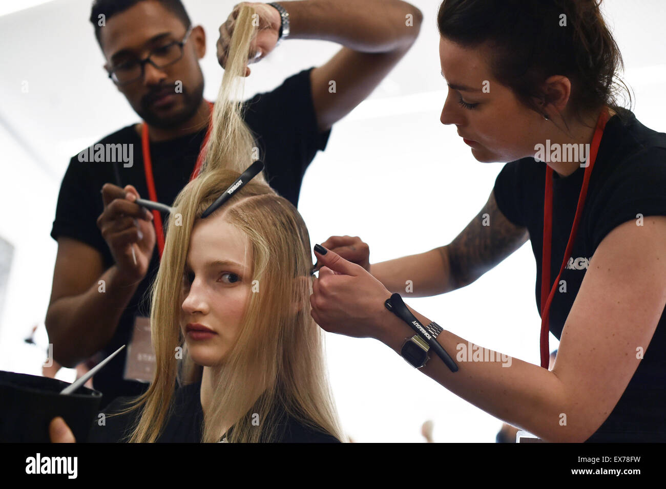 Berlin, Germany. 8th July, 2015. Preparations on model Leah taking ...