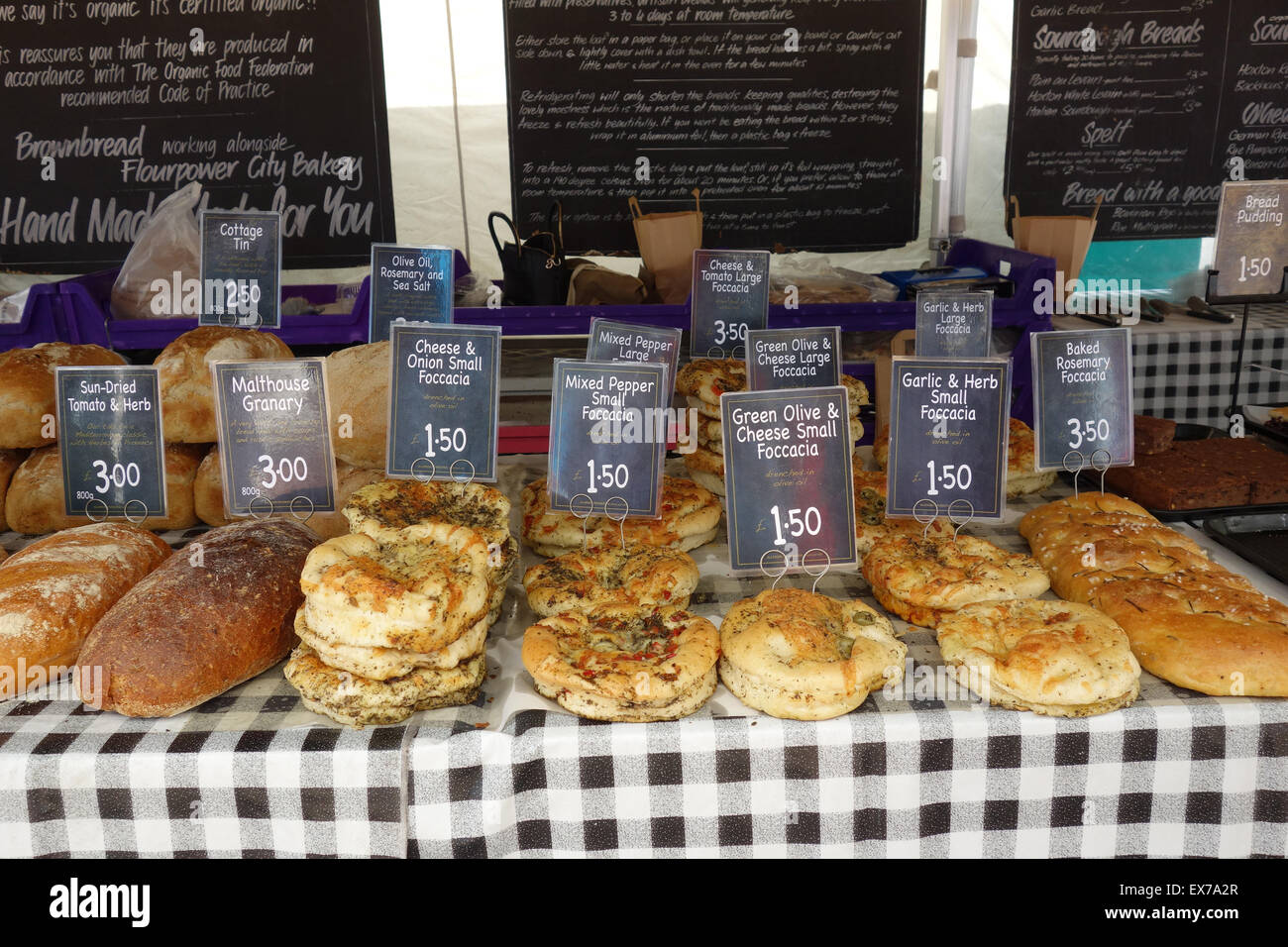 Bread on sale on market stall, Chelmsford, Essex Stock Photo - Alamy
