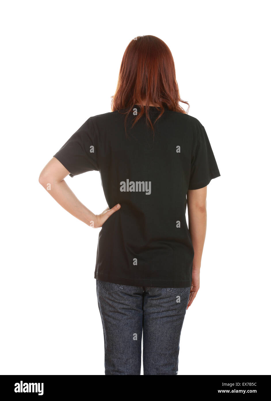 female with blank black t-shirt (back side) isolated on white ...