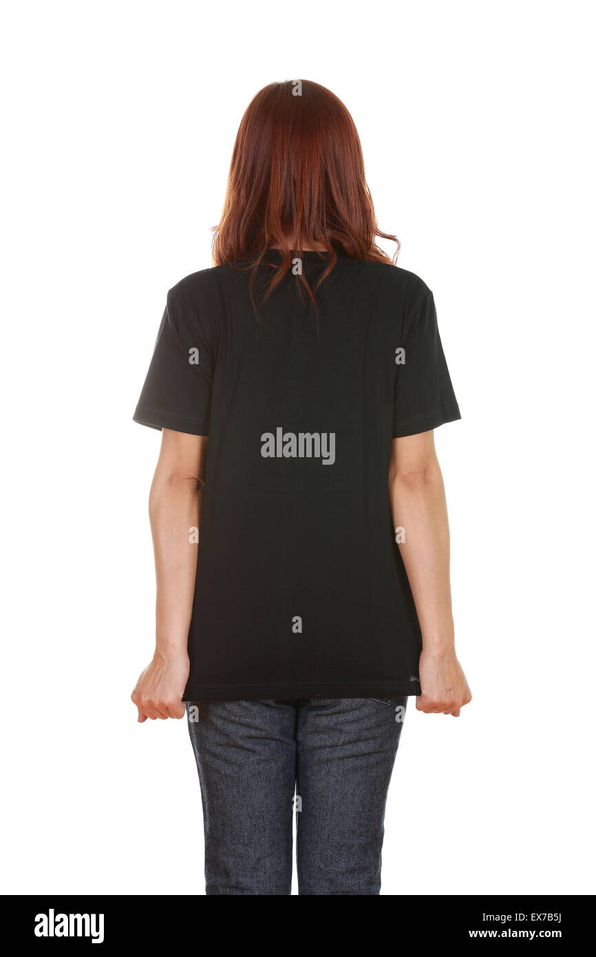 female with blank black t-shirt (back side) isolated on white ...