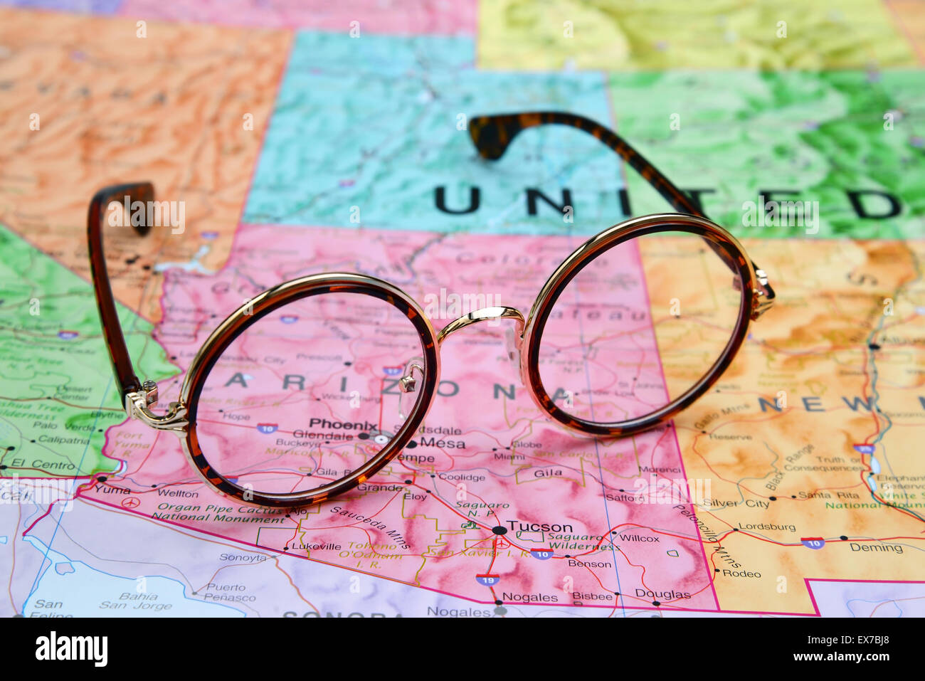 Glasses on a map of USA - Arizona Stock Photo - Alamy