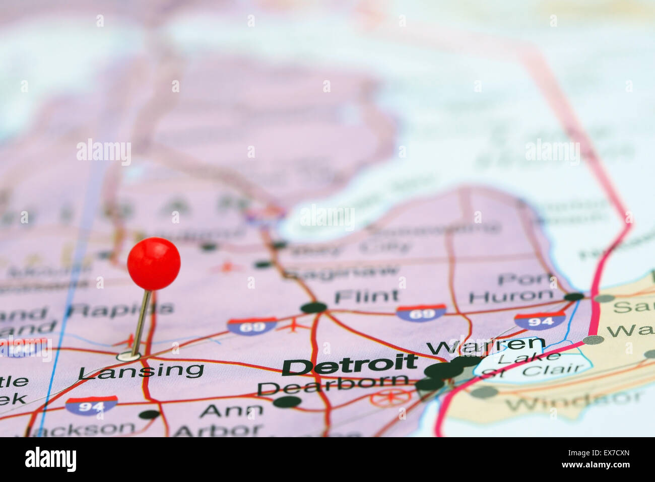 Lansing pinned on a map of USA Stock Photo - Alamy