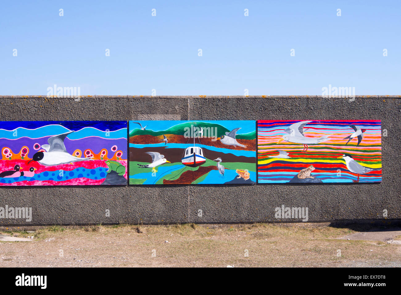 Colourful artwork on a bird hide at Hodbarrow Nature reserve in Millom ...