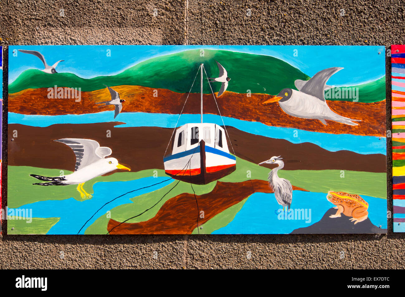 Colourful artwork on a bird hide at Hodbarrow Nature reserve in Millom ...