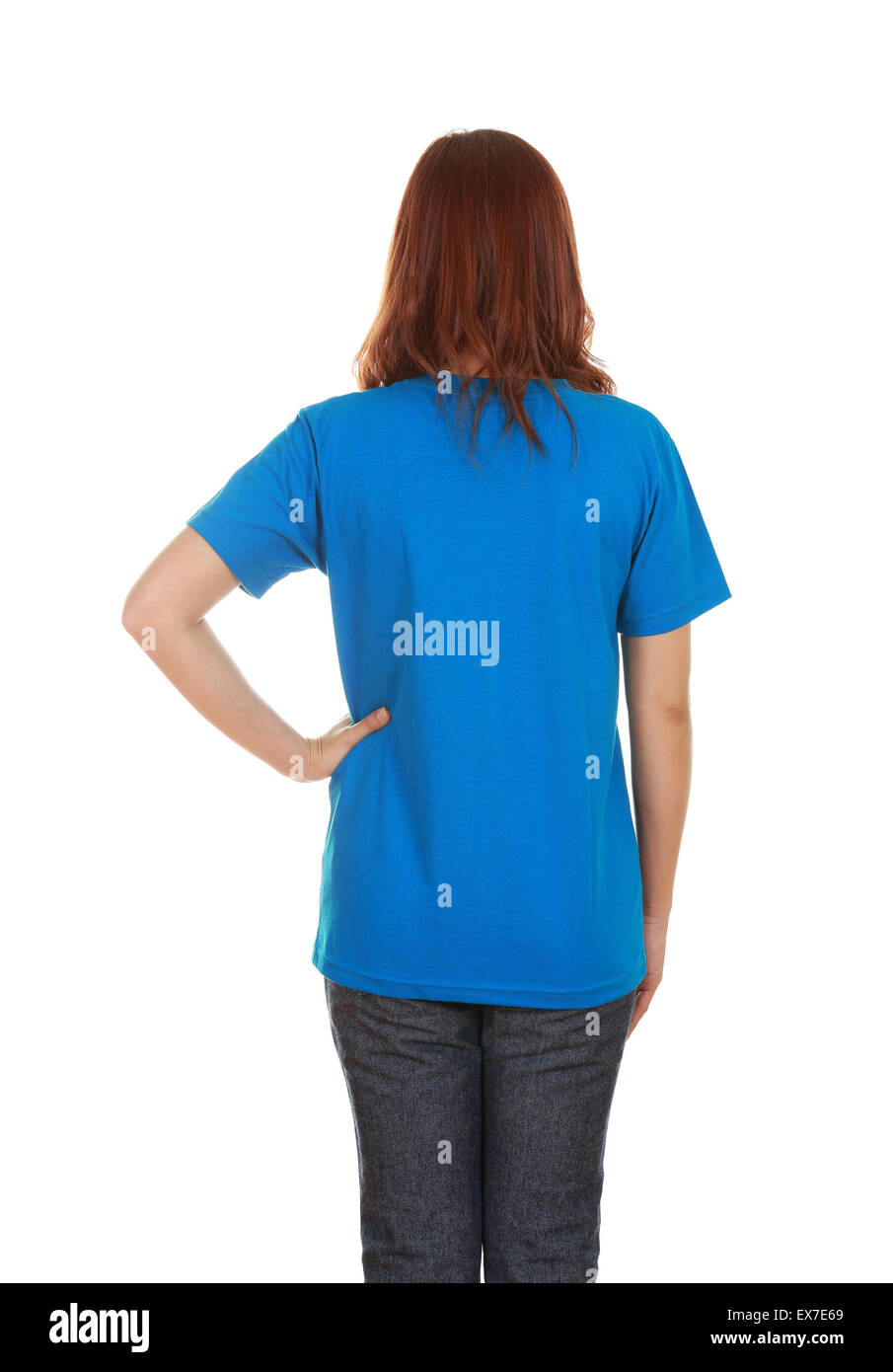 female with blank blue t-shirt (back side) isolated on white background ...
