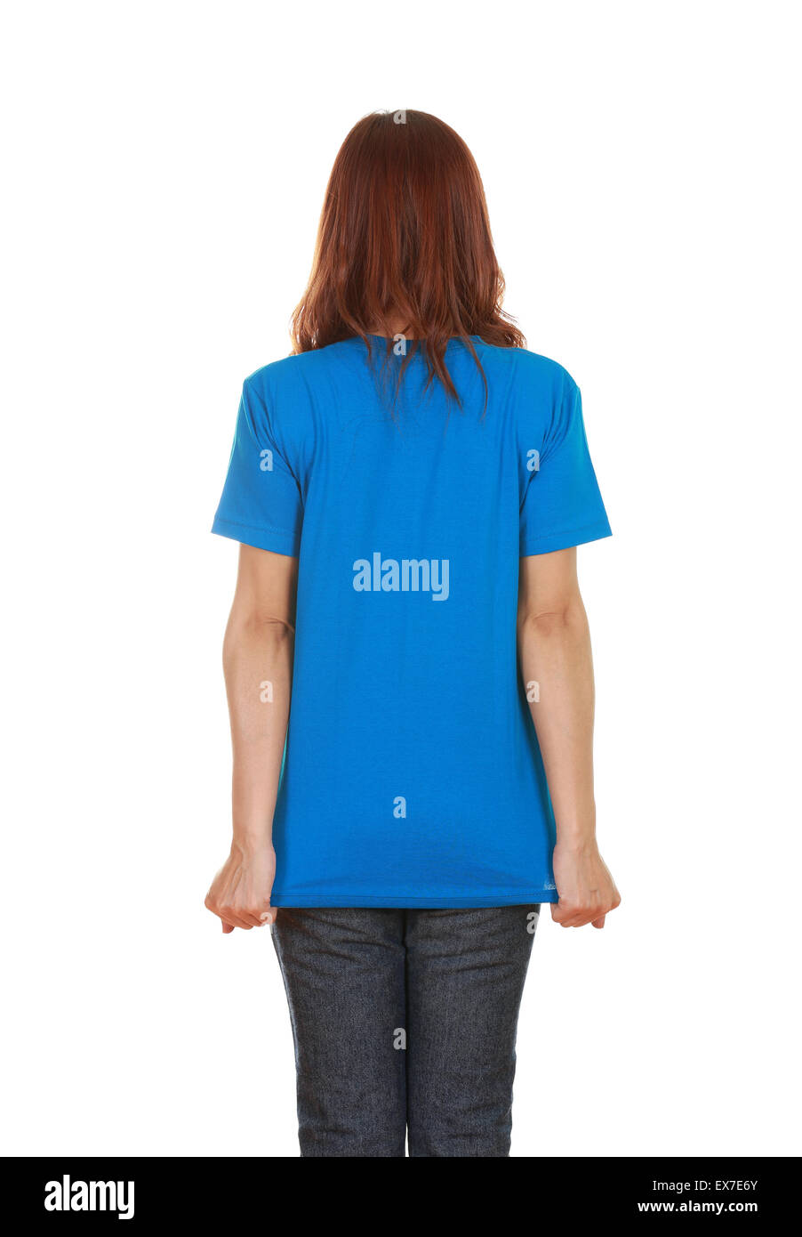 female with blank blue t-shirt (back side) isolated on white background ...