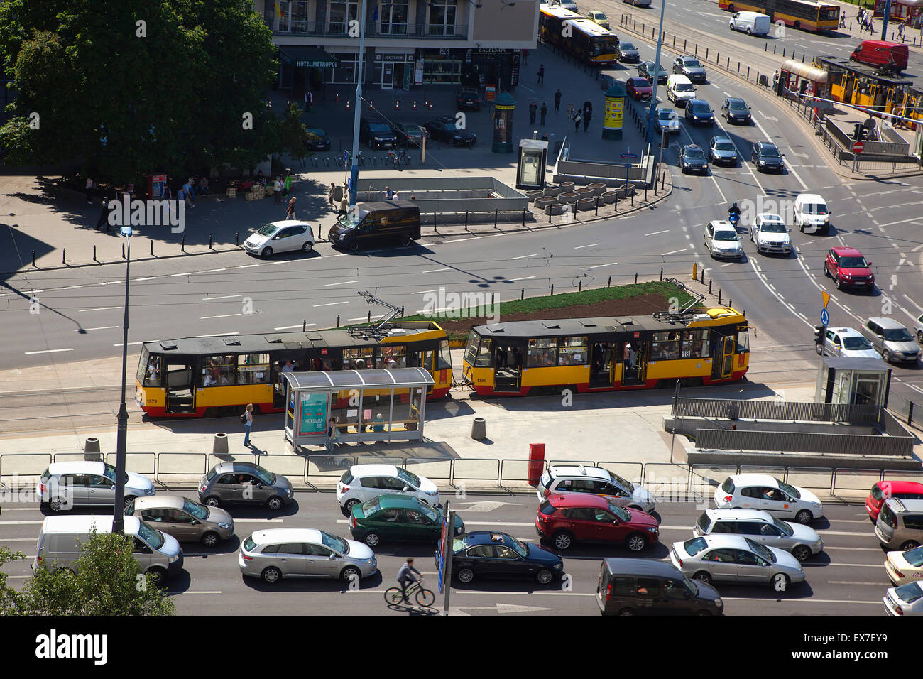 Poland, Warsaw, Centrum, Busy roundabout with cars and trams Stock ...