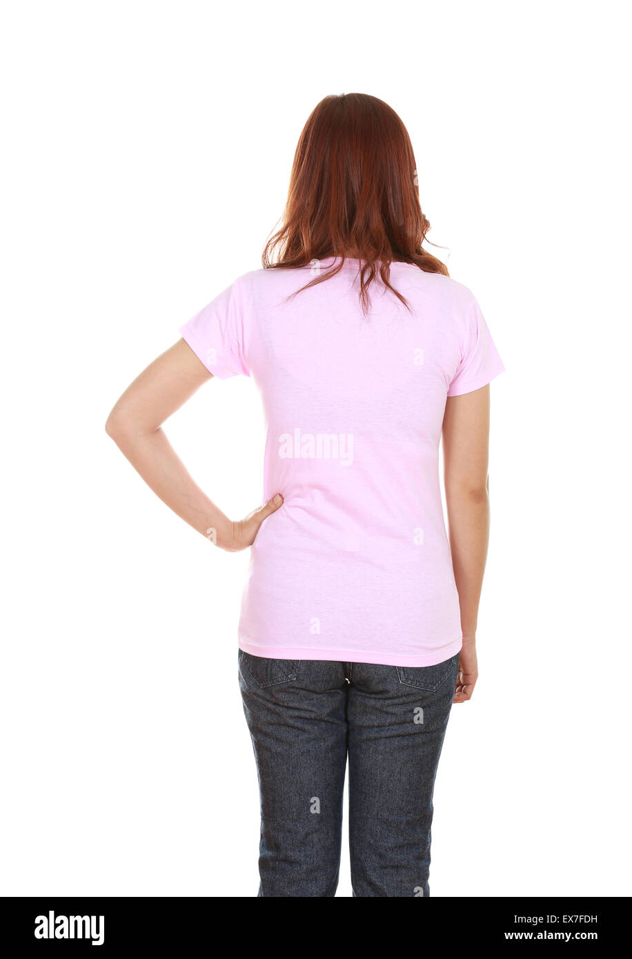female with blank pink t-shirt (back side) isolated on white background ...