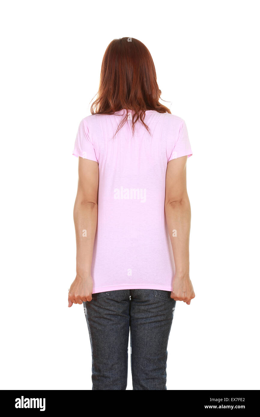 female with blank pink t-shirt (back side) isolated on white background ...