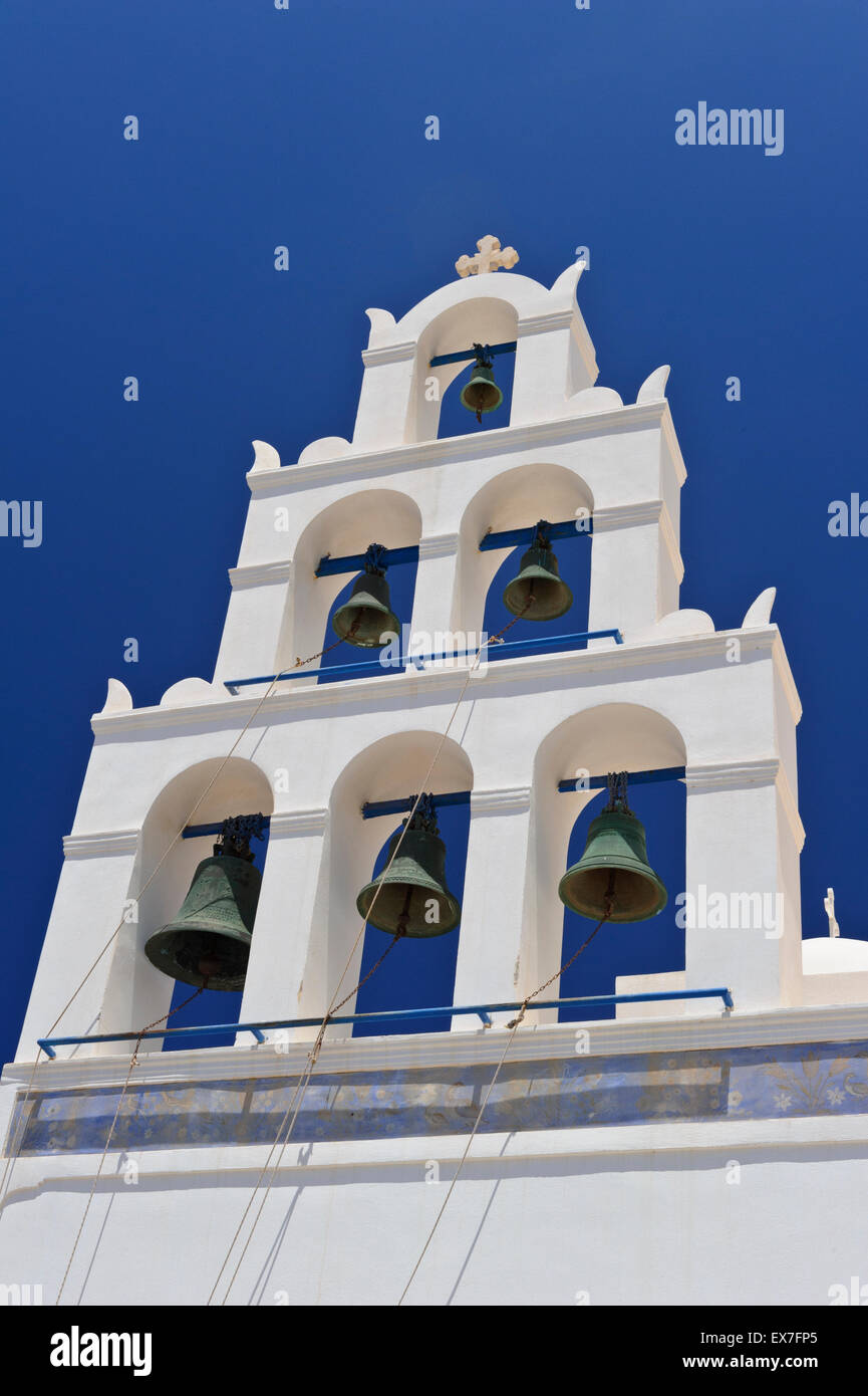 A typical Greek Orthodox church bell tower with multiple bells ...
