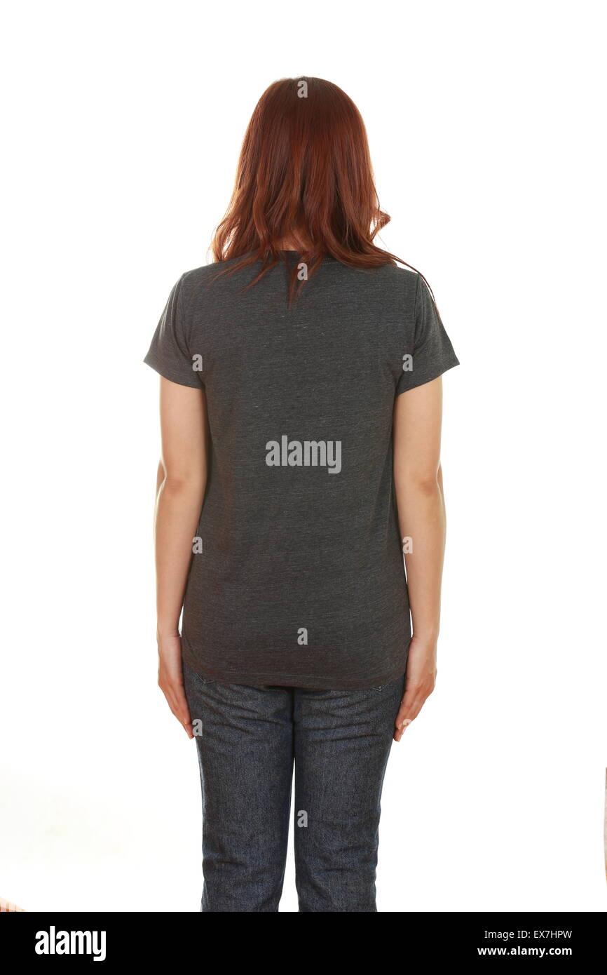 female with blank black t-shirt (back side) isolated on white ...