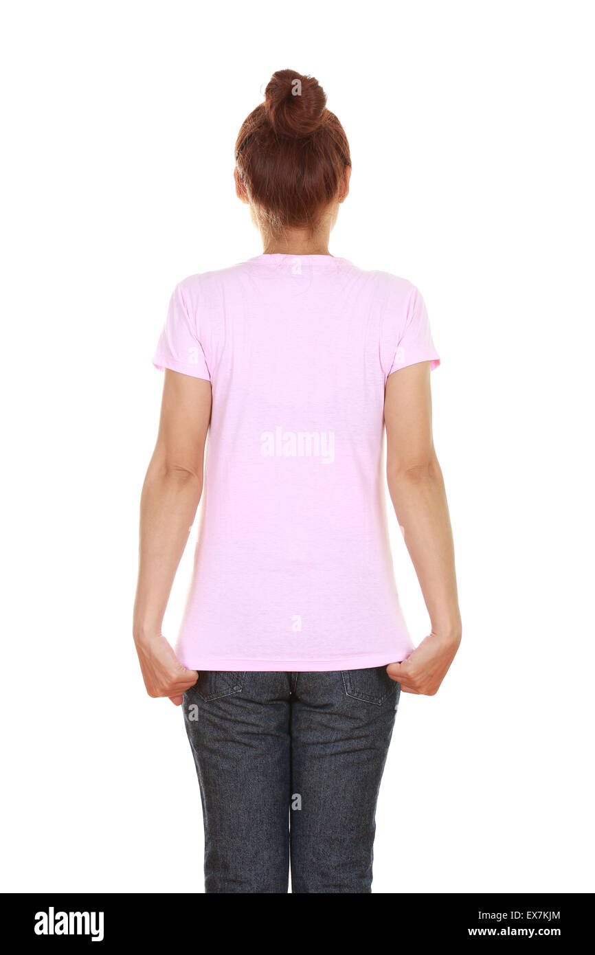 female with blank pink t-shirt (back side) isolated on white background ...
