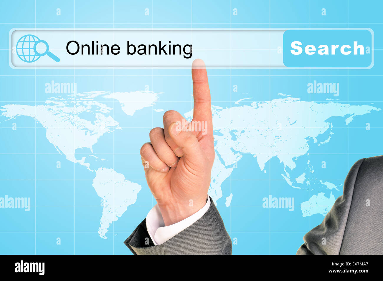 Businessmans hand on abstract blue background Stock Photo - Alamy