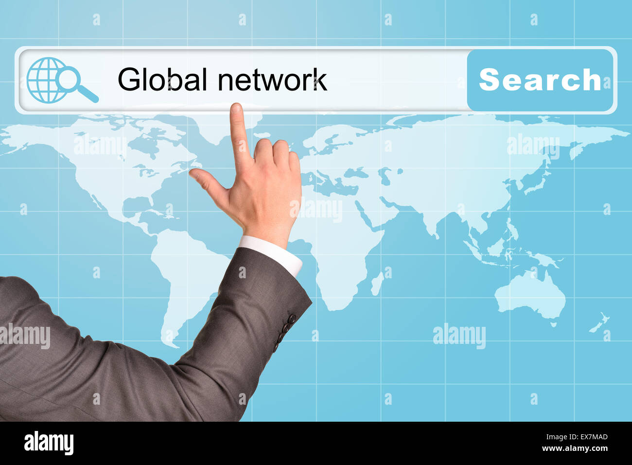 Businessmans hand on abstract blue background Stock Photo - Alamy
