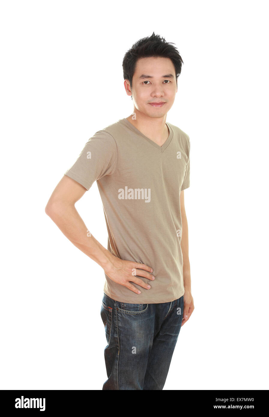 man with brown t-shirt (side view) isolated on white background Stock ...